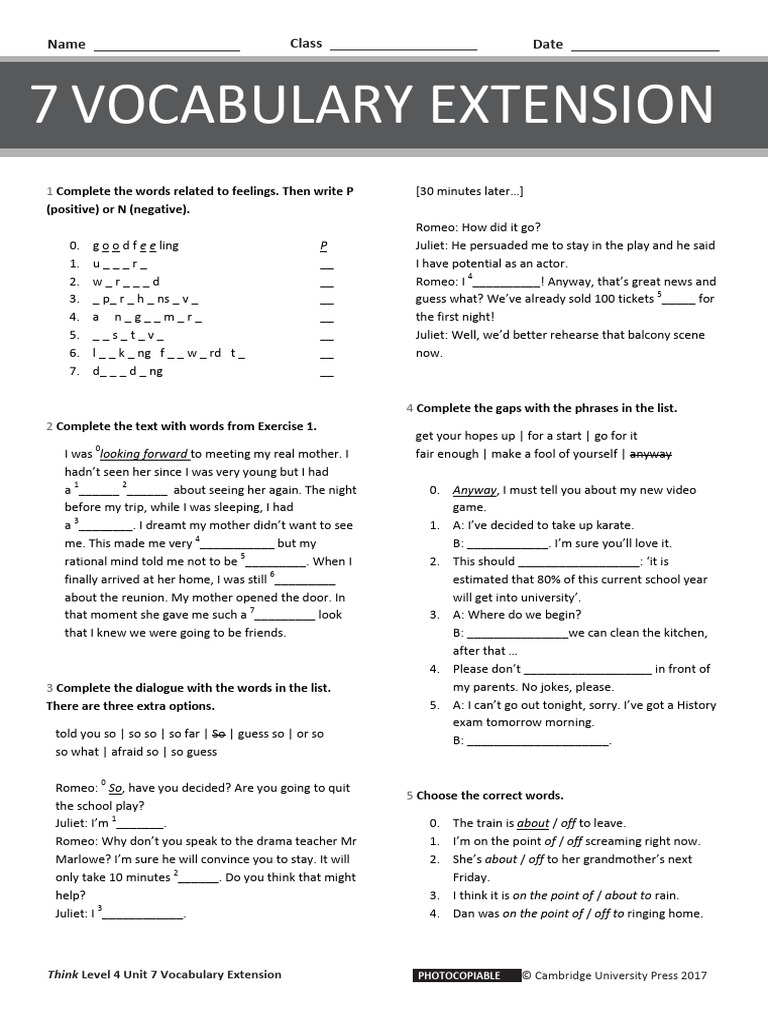 THINK L4 Unit 7 Vocabulary Extension | PDF