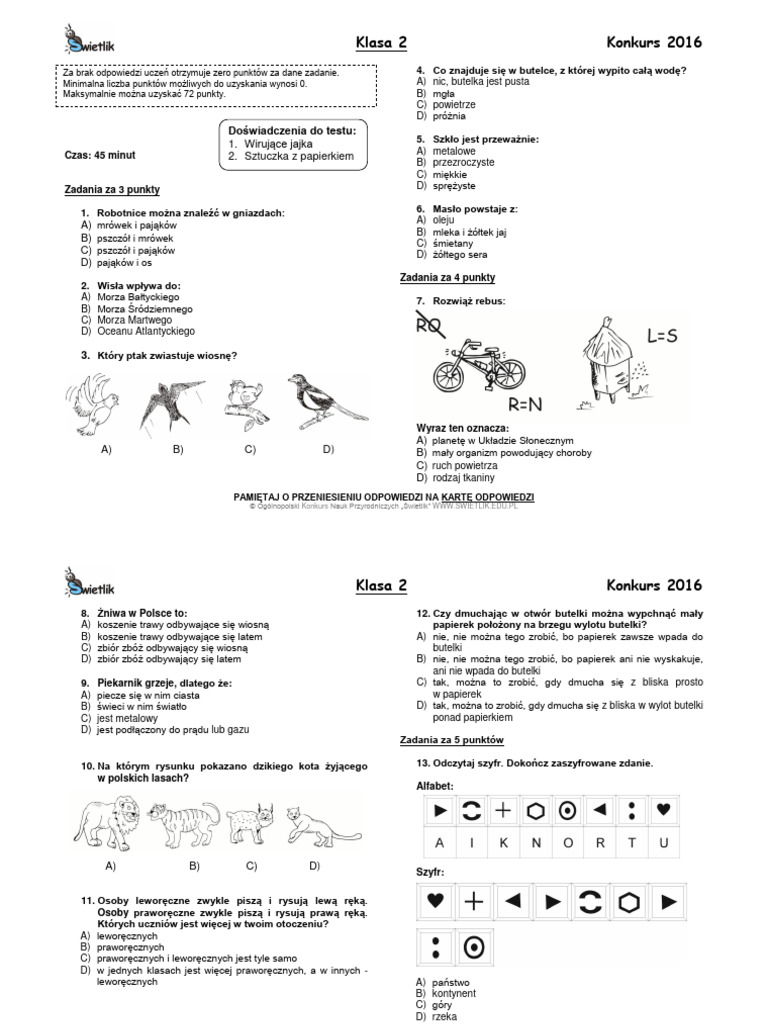 Test Klasa 2 Konkurs-2016 | PDF