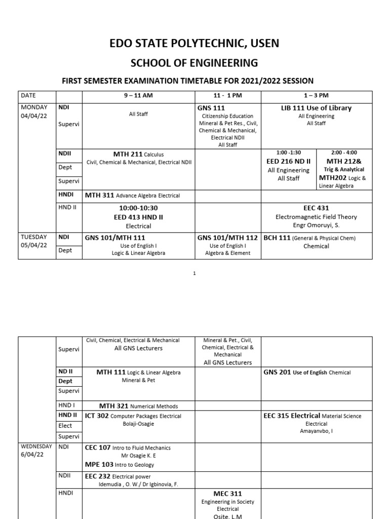 Engineering Timetable For First Semester 2022 | PDF | Engineering | Physical Sciences