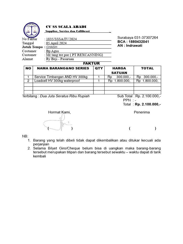 Nota Servis Timbangan dan Loadcell | PDF