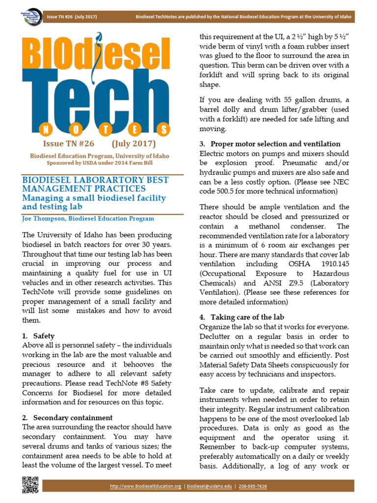 TN26 Biodiesel Lab BMP | PDF | Laboratories | Ventilation (Architecture)