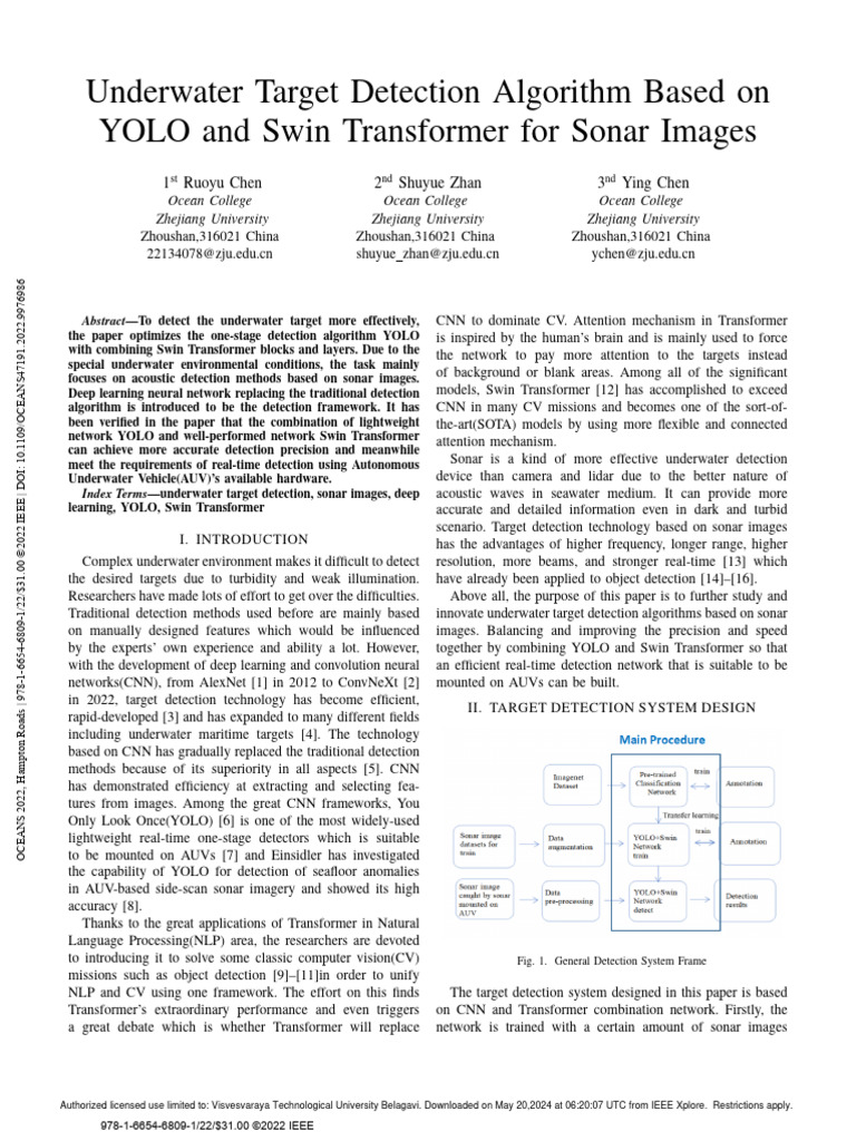 Underwater Target Detection Algorithm Based On Yolo And Swin Transformer For Sonar Images Pdf