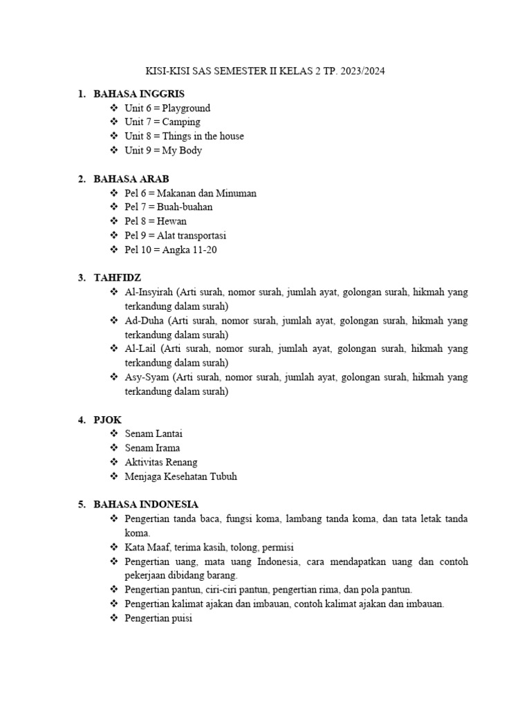 Kisi-Kisi Sas Kelas 2 TP.2023-2024-1 | PDF