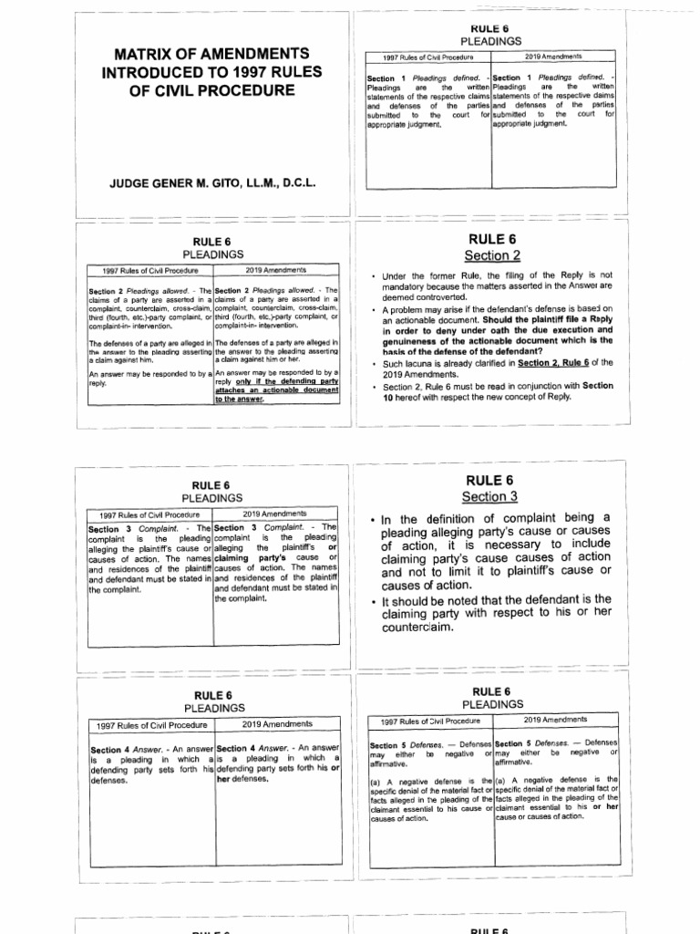 Matrix of Amendments To Rules of Civil Procedure by Judge Gener Gito ...