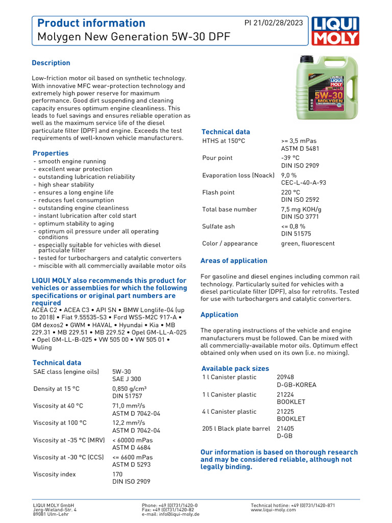 Molygen 5W-30 DPF Motor Oil Overview | PDF | Motor Oil | Engines