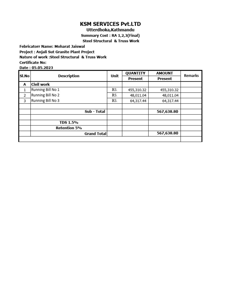 Anjali Sut Site, Steel Structural Truss Work Bill Moharat Jaiswal Final ...