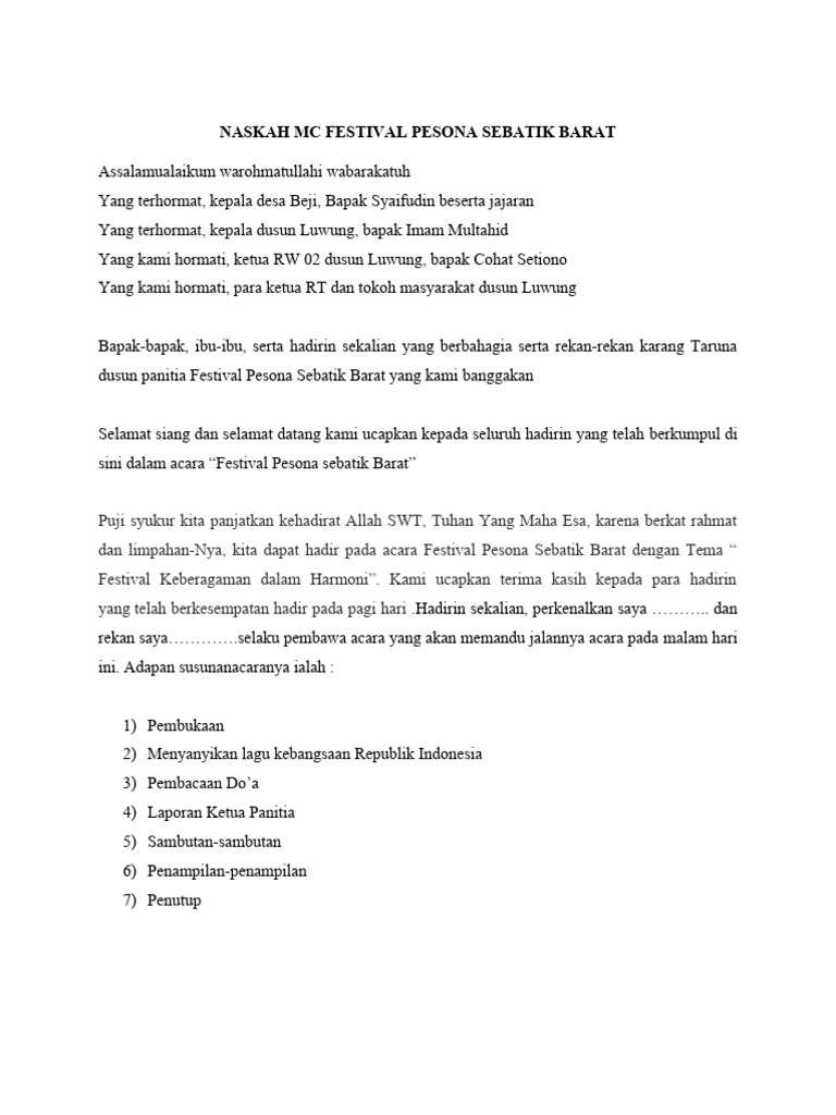 Naskah MC Festival Pesona Sebatik Barat | PDF | Seni