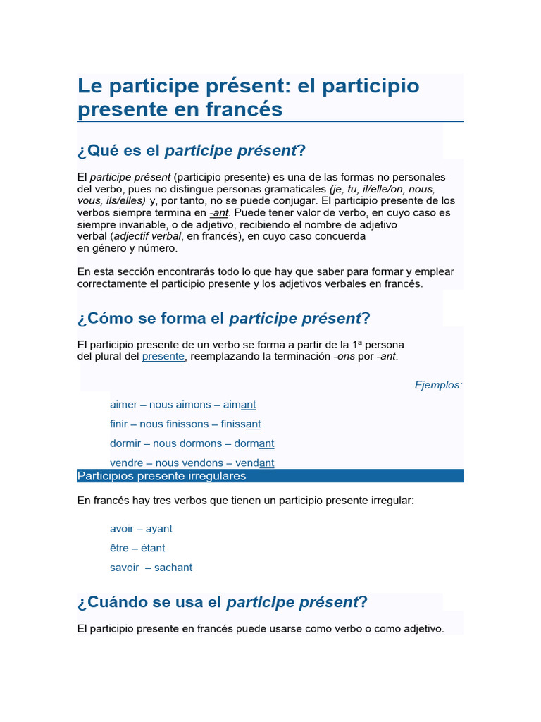 Uso y formación del participe présent en francés | PDF | Verbo | Numero ...