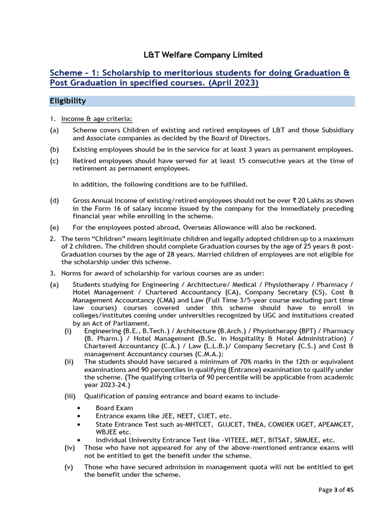 L&T Scholarship Scheme for Employees' Children | PDF | Postgraduate ...
