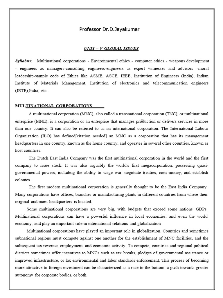 Unit - V Global Issues | PDF | Multinational Corporation | Testimony