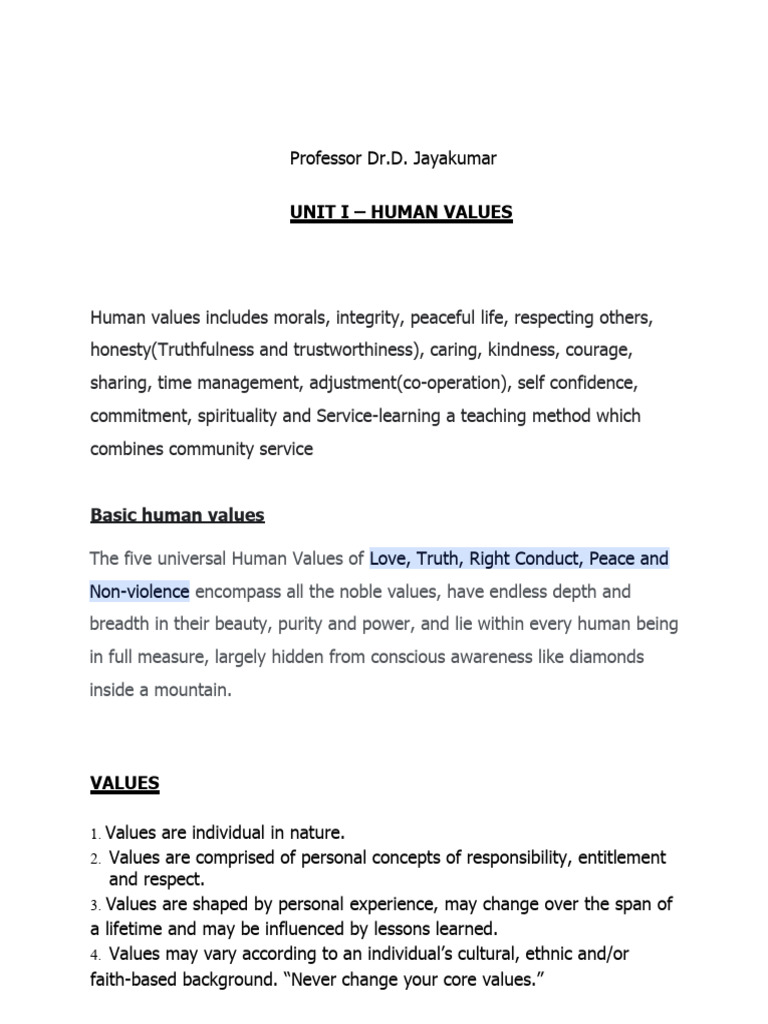 UNIT I – HUMAN VALUES | PDF | Integrity | Morality
