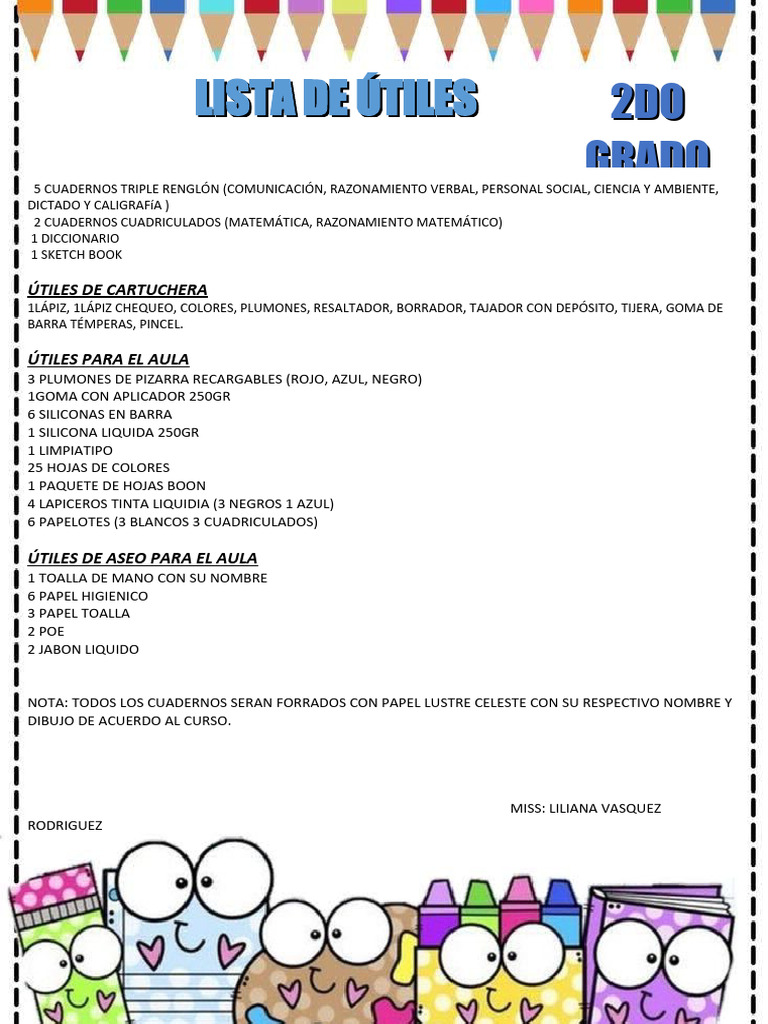 Lista de útiles 2do grado 2023 | PDF