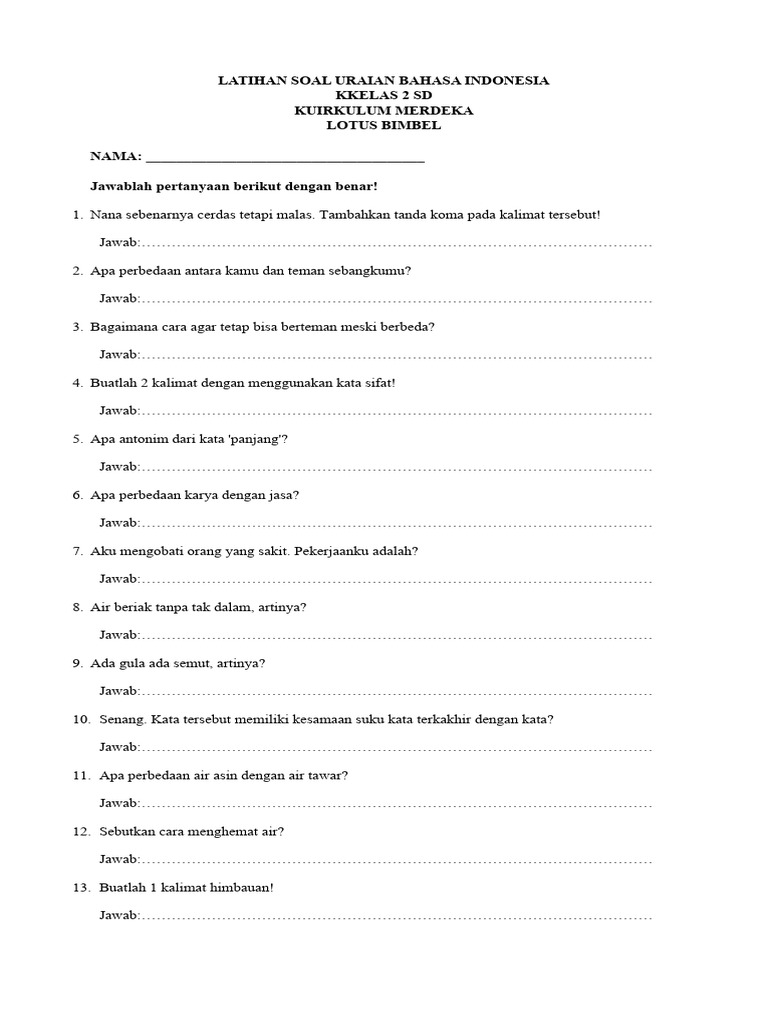 LATIHAN SOAL URAIAN BAHASA INDONESIA Kelas 2 SD | PDF