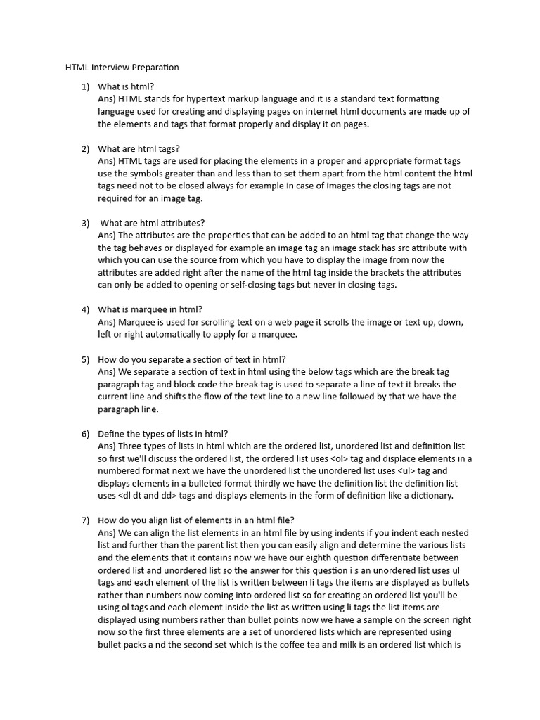 Html Interview Preparation Pdf Html Element Html 6996