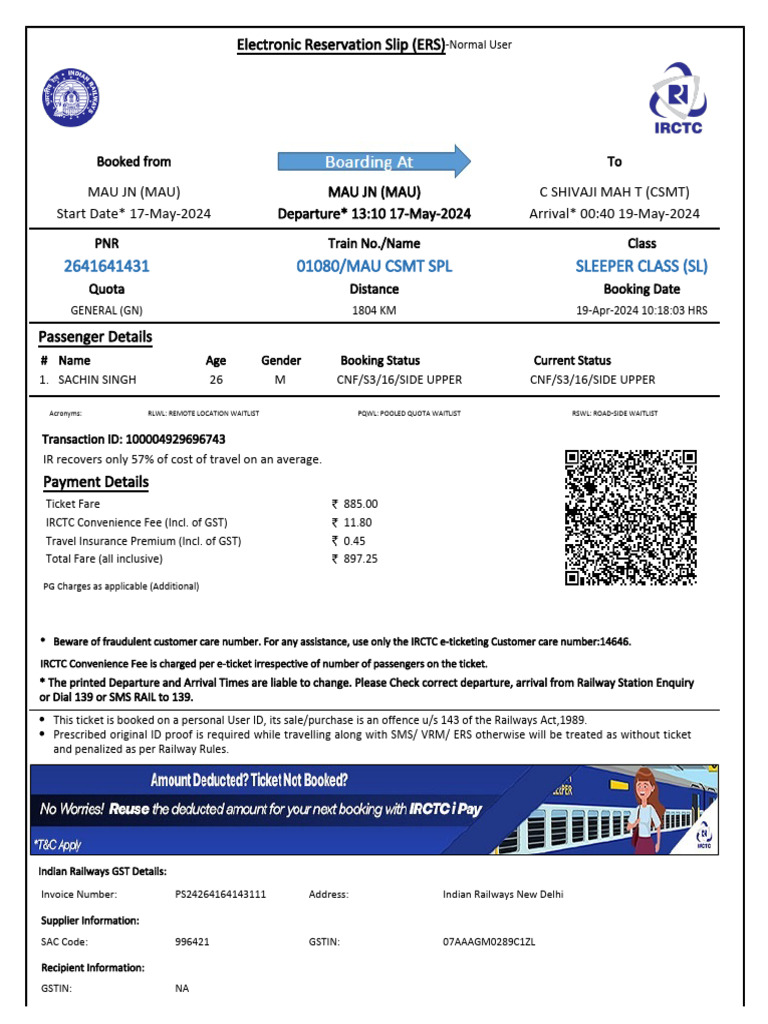 01080/MAU CSMT SPL Sleeper Class (SL) | Download Free PDF | Identity Document