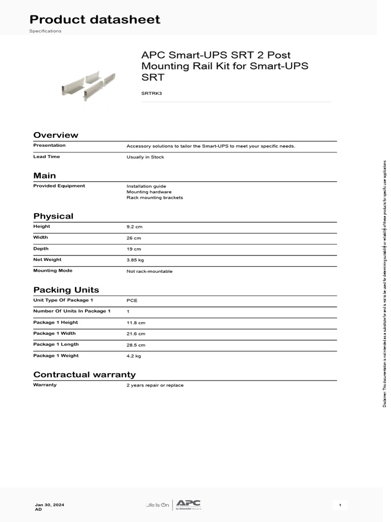 APC Smart-UPS SRT Rail Kit Guide | PDF