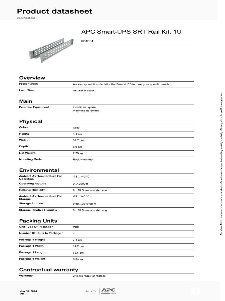APC SmartUPS-Accessories SRTRK1 | PDF