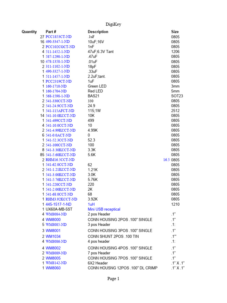 Digikey: Quantity Part # Description Size | PDF | Public Transport ...