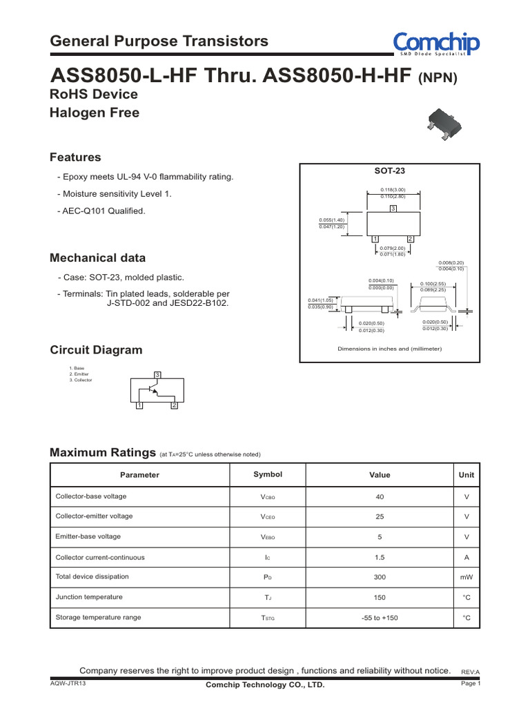 AQW JTR13 ASS8050 L HF Thru ASS8050 H HF RevA-1923834 | PDF | Electrical Engineering | Electricity