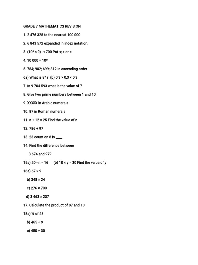 Grade 7 Mathematics Revision Work | PDF | Area | Mathematics