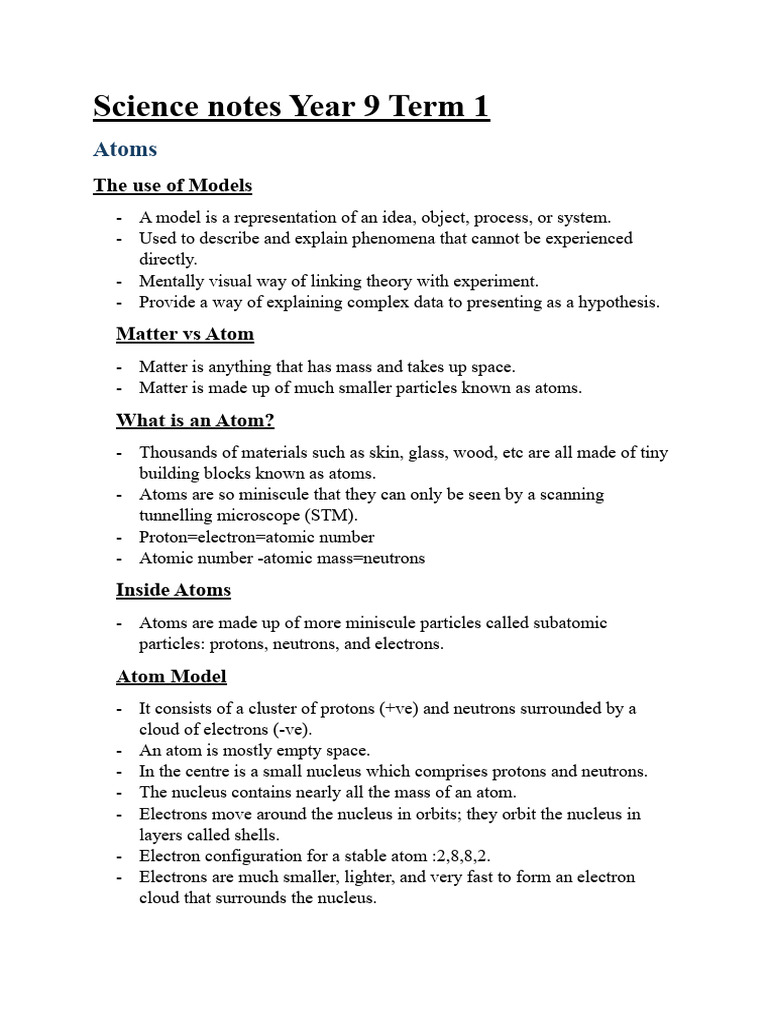 Year 9 Science: Atoms and Models Overview | PDF | Atomic Nucleus ...