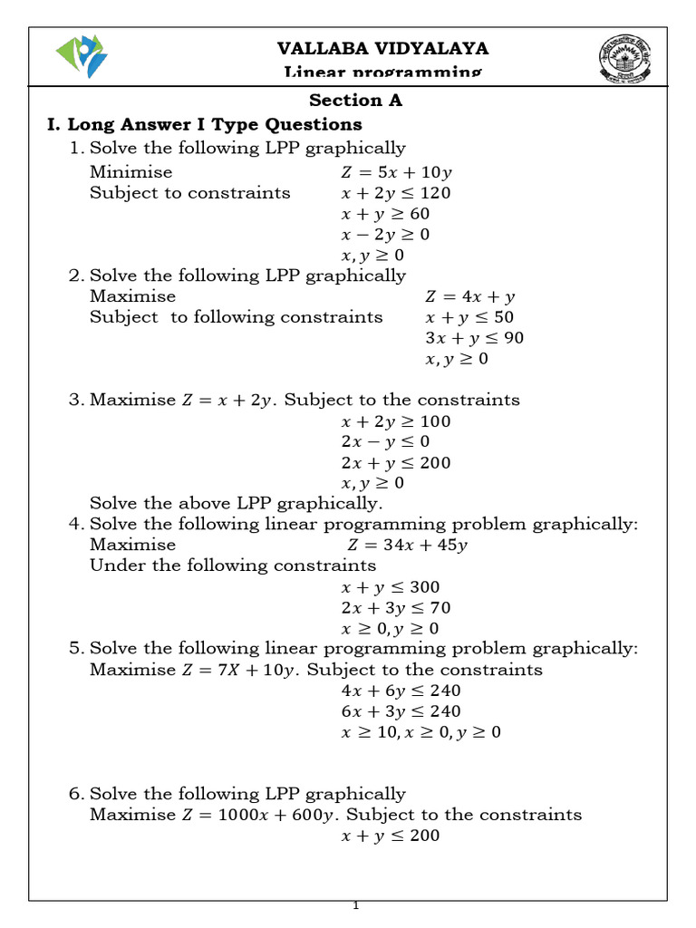Math 12 Linear Programming Worksheet | PDF | Applied Mathematics ...