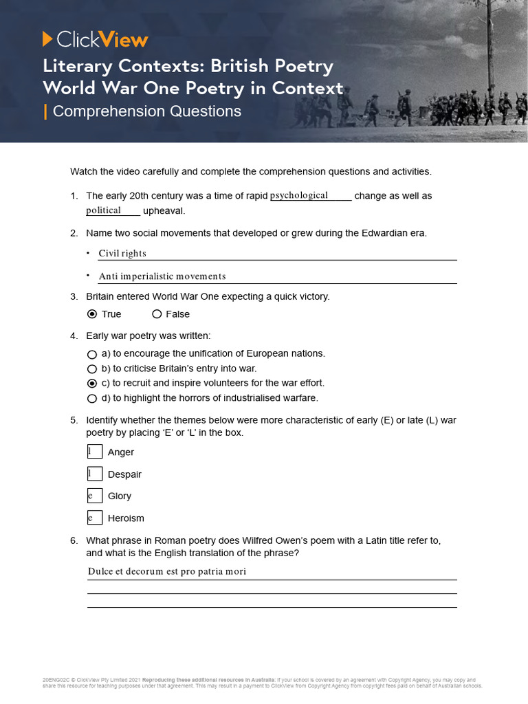 Comprehension Questions For Clip On WW1 Poetry Context | PDF | History