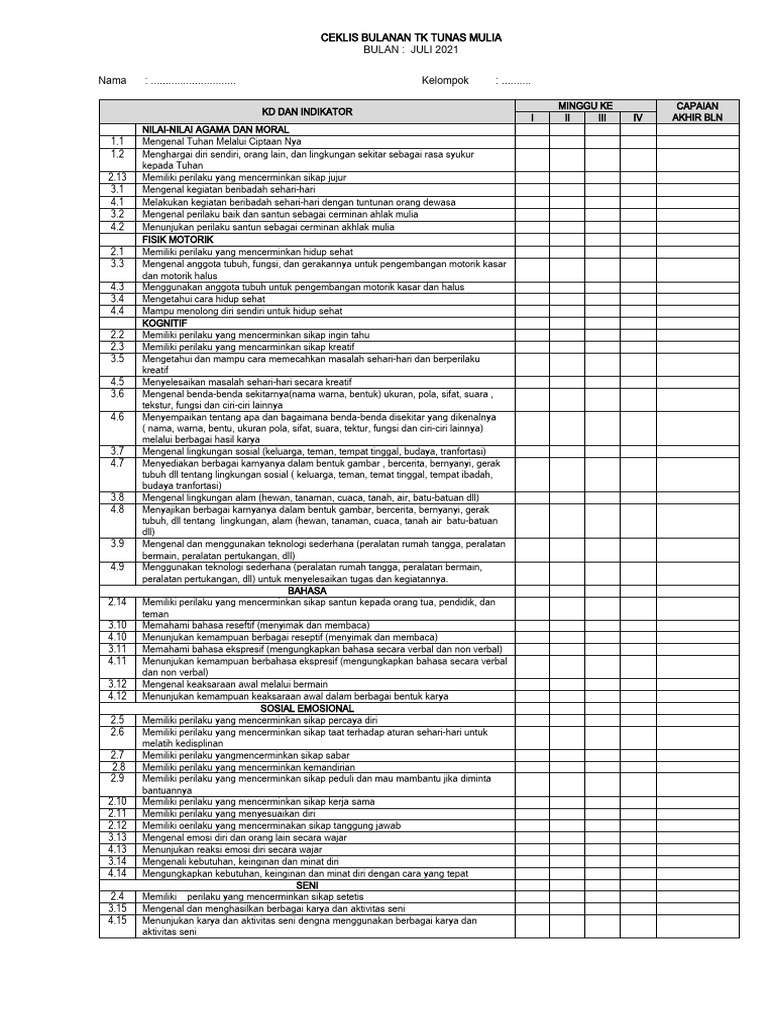 Contoh Penilaian CEKLIS BULANAN | PDF
