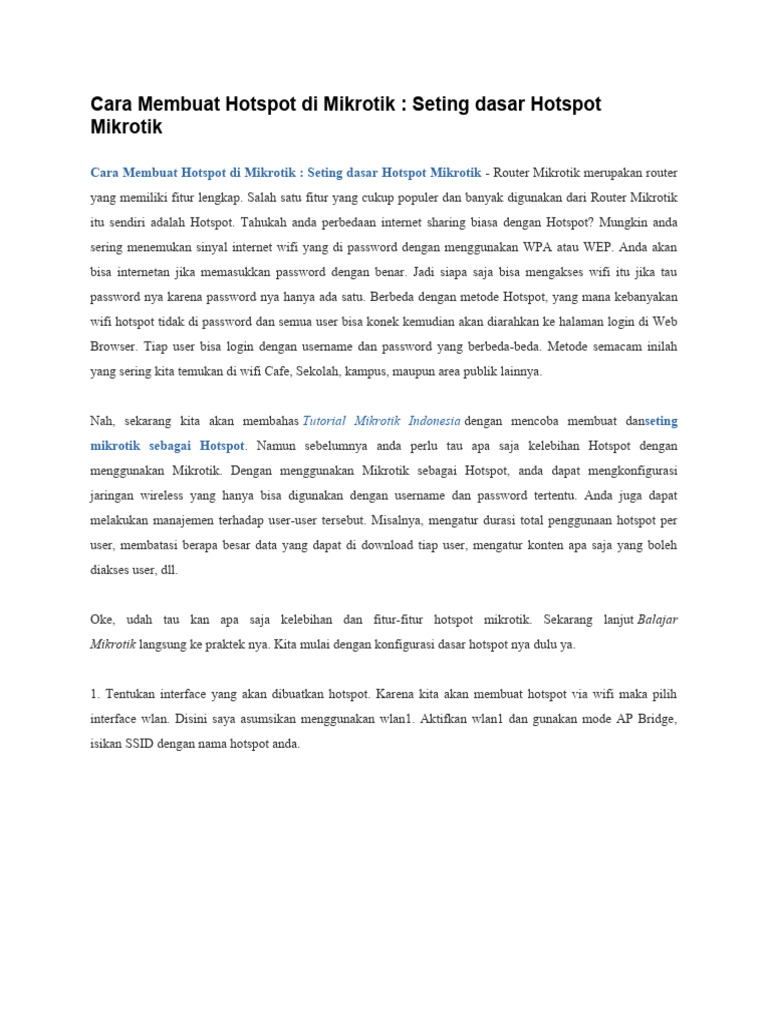 Cara Membuat Hotspot Di Mikrotik | PDF