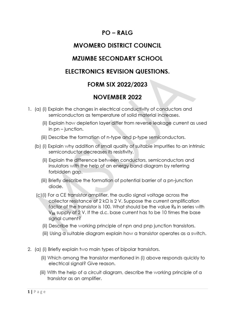 Electronics Revision Questions - 100741 | PDF | Amplifier | P–N Junction