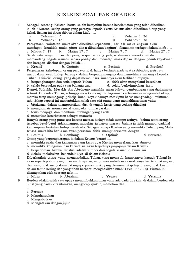 Kisi-Kisi Soal PAK Grade 8 | PDF | Agama & Spiritualitas