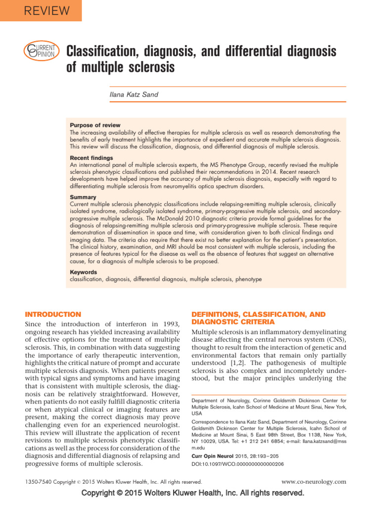 Classification, Diagnosis, and Differential Diagnosis of Multiple ...
