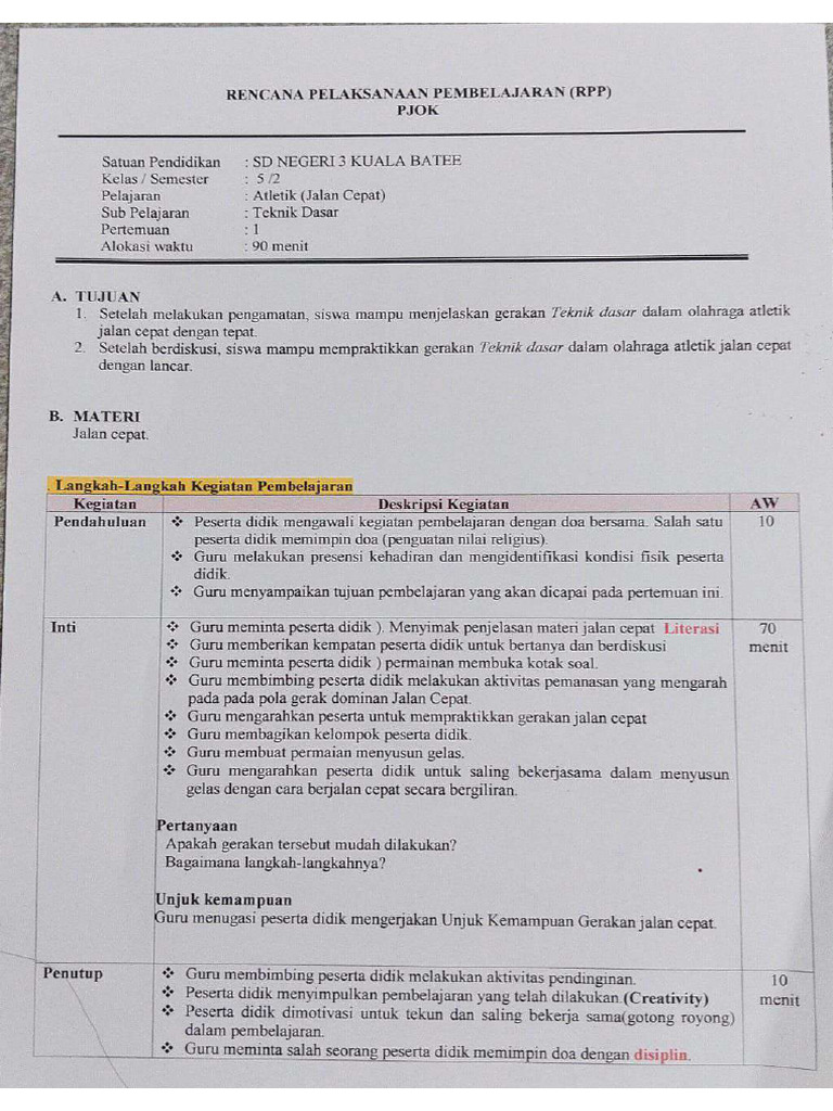 RPP Penjas SD 3 Kuala Batee | PDF