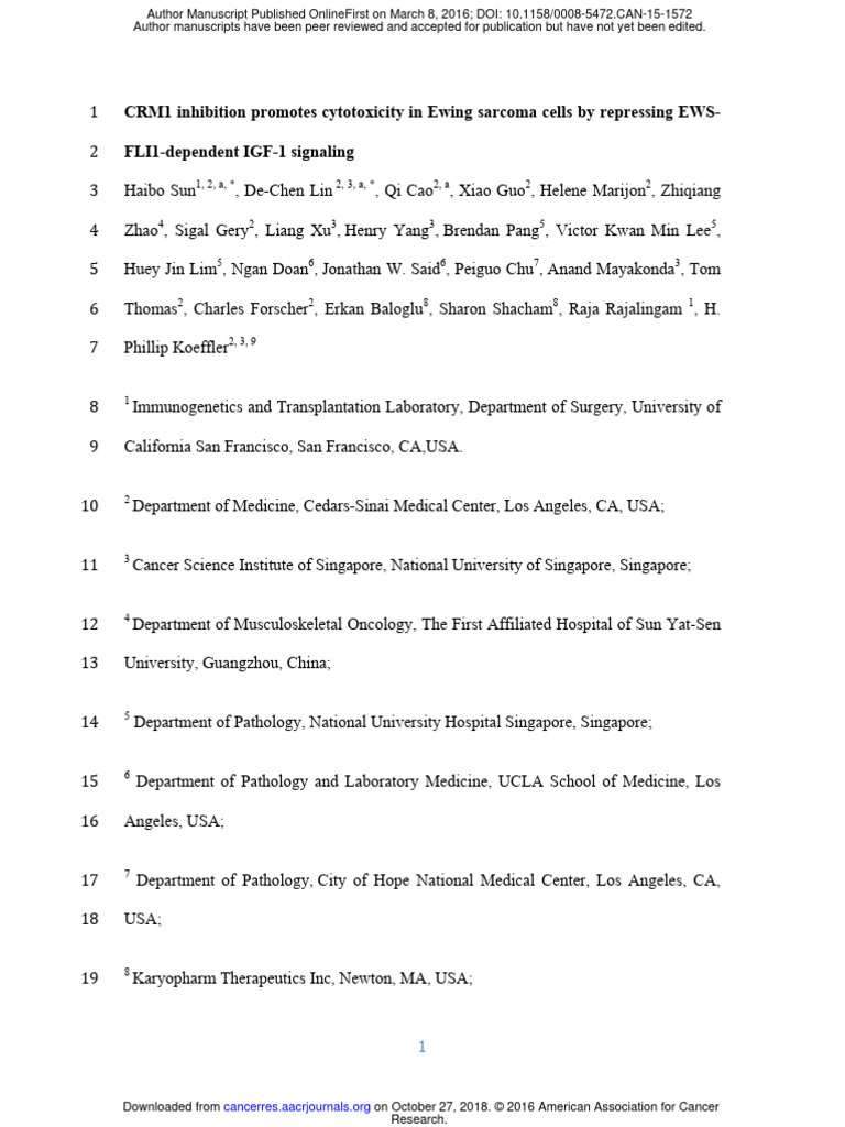 CRM1 Inhibition Promotes Cytotoxicity in Ewing Sarcoma Cells by ...