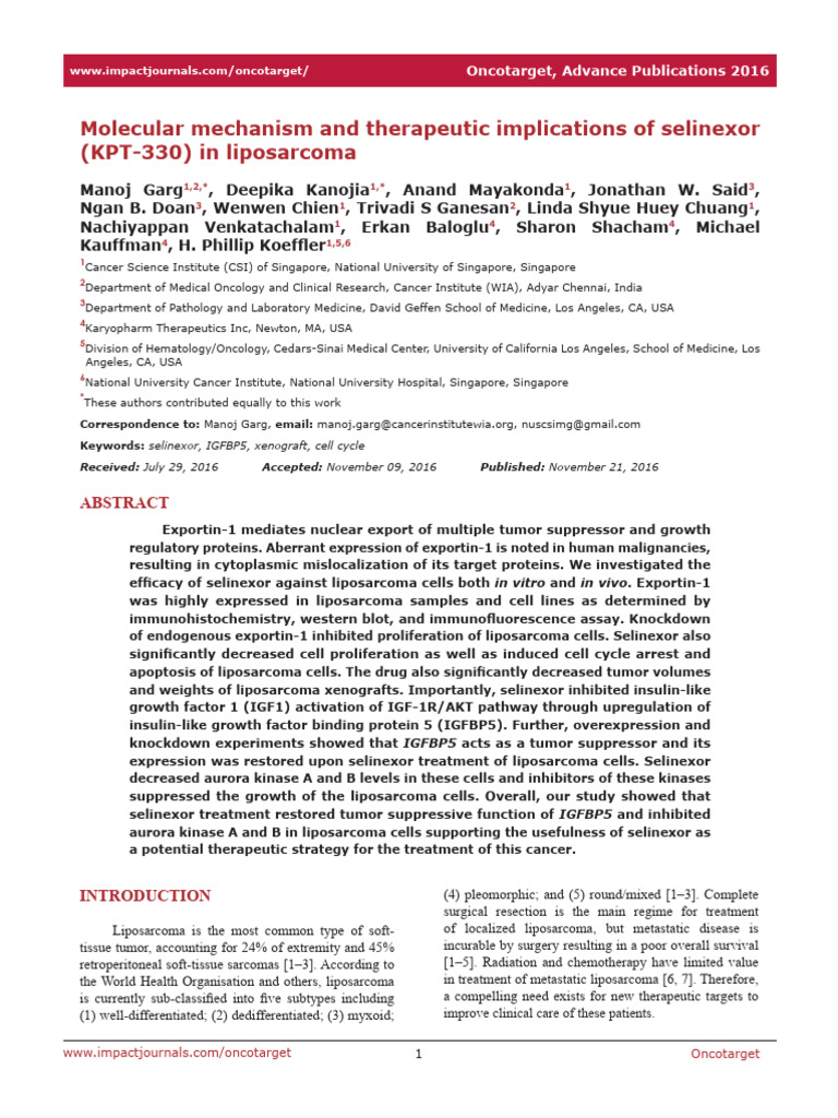 Garg_Koeffler-Selinexor-in-Liposarcoma-Oncotarget-2016 | PDF | Biology | Biotechnology