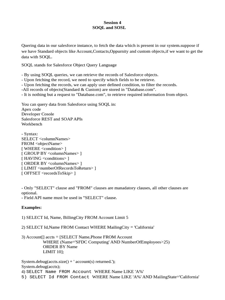Session 4 SOQL and SOSL | PDF | Boolean Data Type | Databases Session 4 SOQL and SOSL | PDF | Boolean Data Type | Databases
