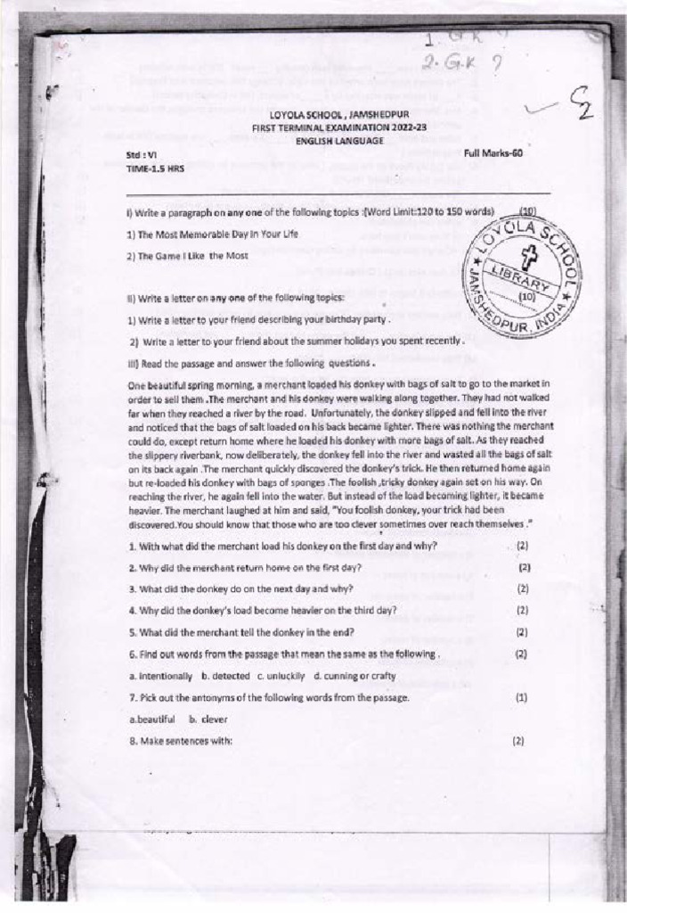 Term Papers Question Papers 2022-23 Class 6 Loyola (1) - Compressed | PDF