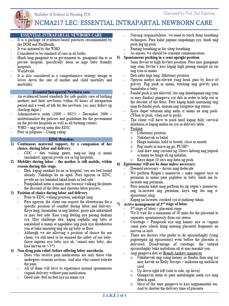 WK8 - Essential Intrapartal Newborn Care (EINC) | PDF | Breastfeeding | Infants