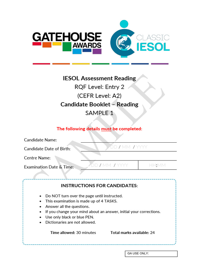 GA Classic IESOL A2 E2 Candidate Booklet Reading Sample 1 1 | PDF