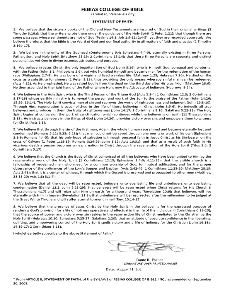 Statement of Faith | PDF | Trinity | God The Father