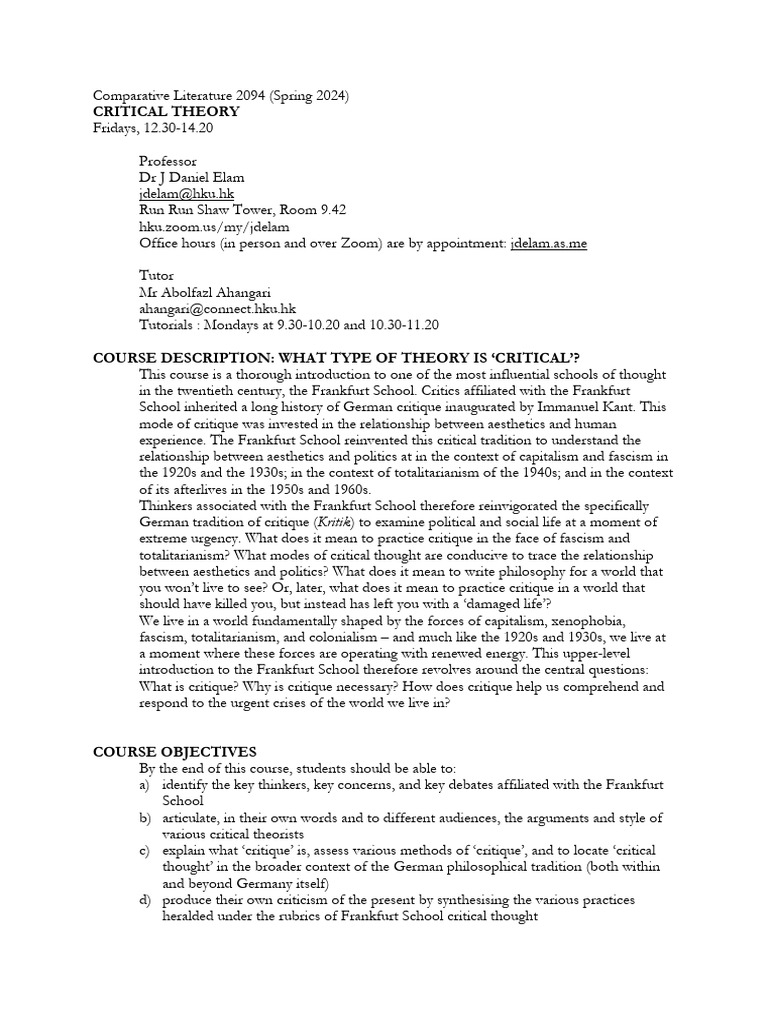 2094 Critical Theory Syllabus | PDF | Theodor W. Adorno | Hannah Arendt