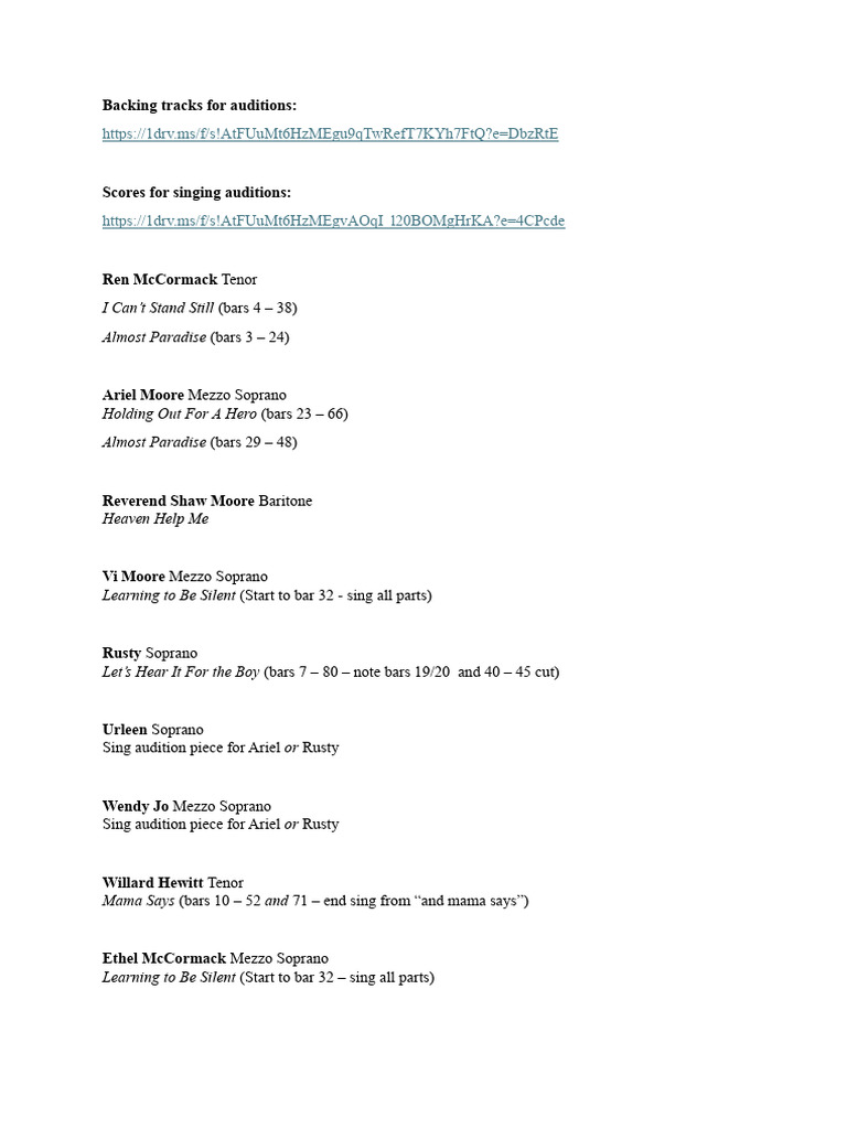 Audition Numbers - Footlosoe | PDF