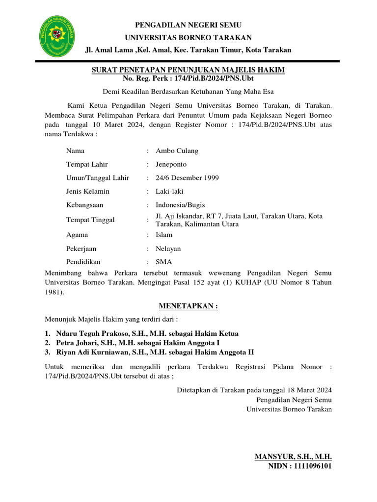 Surat Penetapan Penunjukan Majelis Hakim | PDF Surat Penetapan Penunjukan Majelis Hakim | PDF