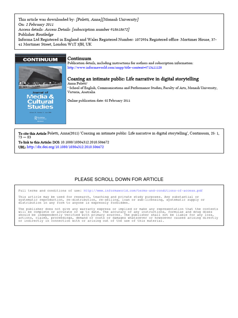 Poletti Coaxing An Intimate Public | PDF | Storytelling | Narrative