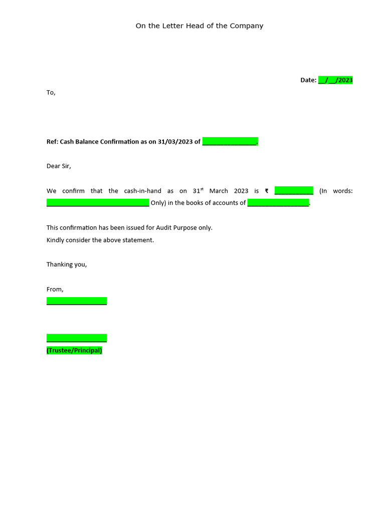 Format of Cash Balance Certificate | PDF | Finance & Money Management