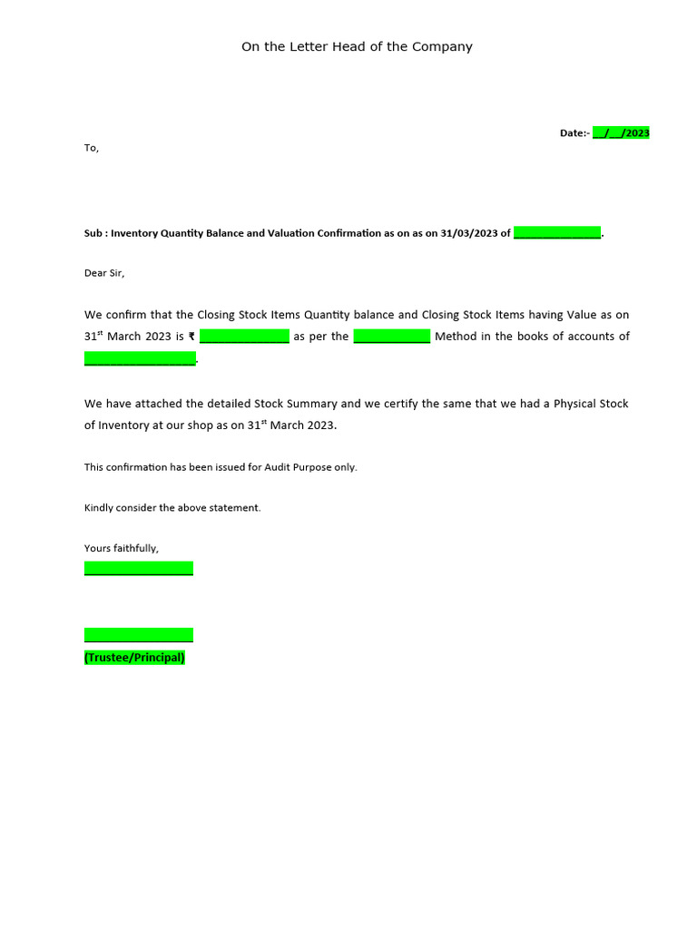 Format of Inventory Balance Confirmation | PDF