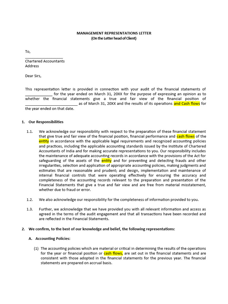 Management Representation Letter Template | PDF | Investing | Inventory