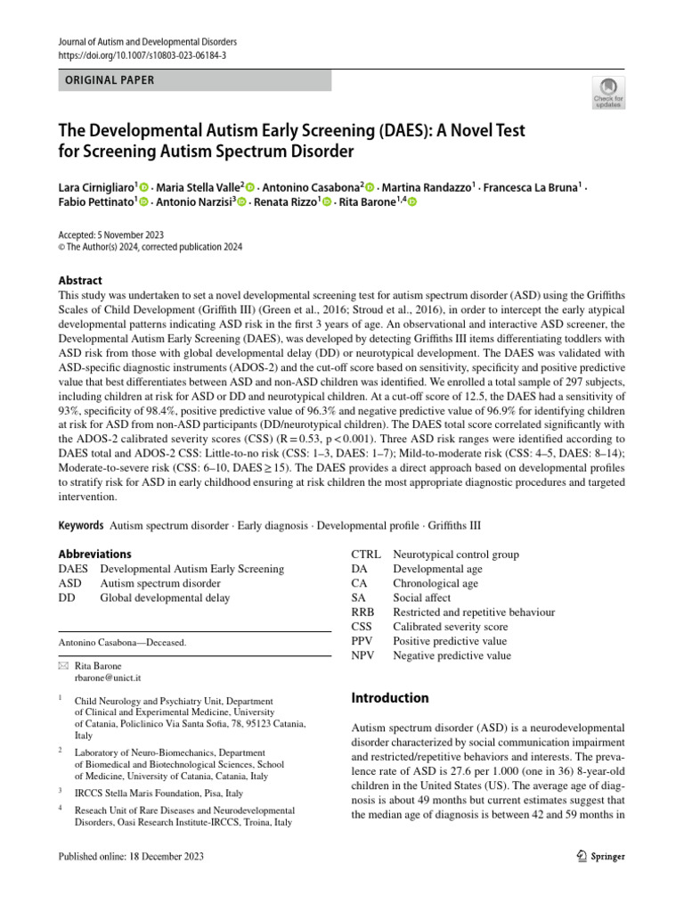 The Developmental Autism Early Screening (DAES) : A Novel Test For ...