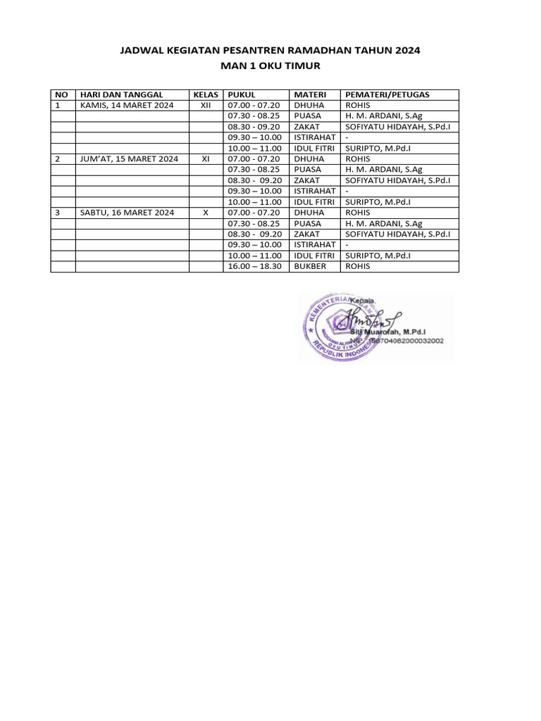 Jadwal Kegiatan Pesantren Ramadhan Tahun 2024 | PDF