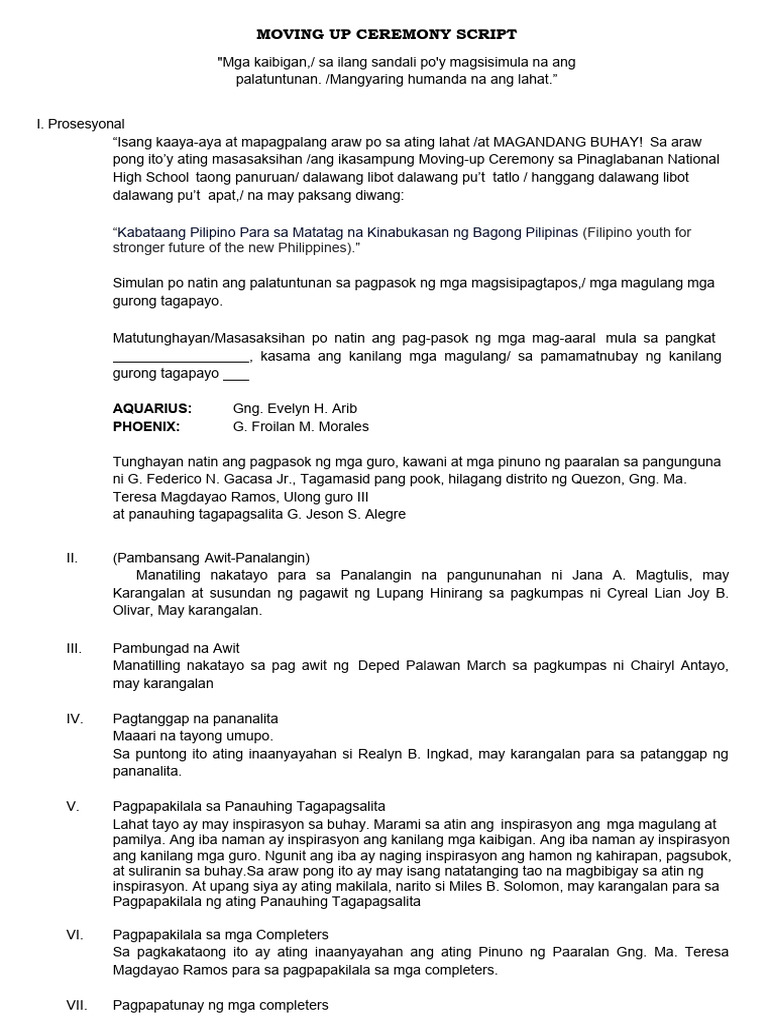 MOVING UP CEREMONY SCRIPT | PDF